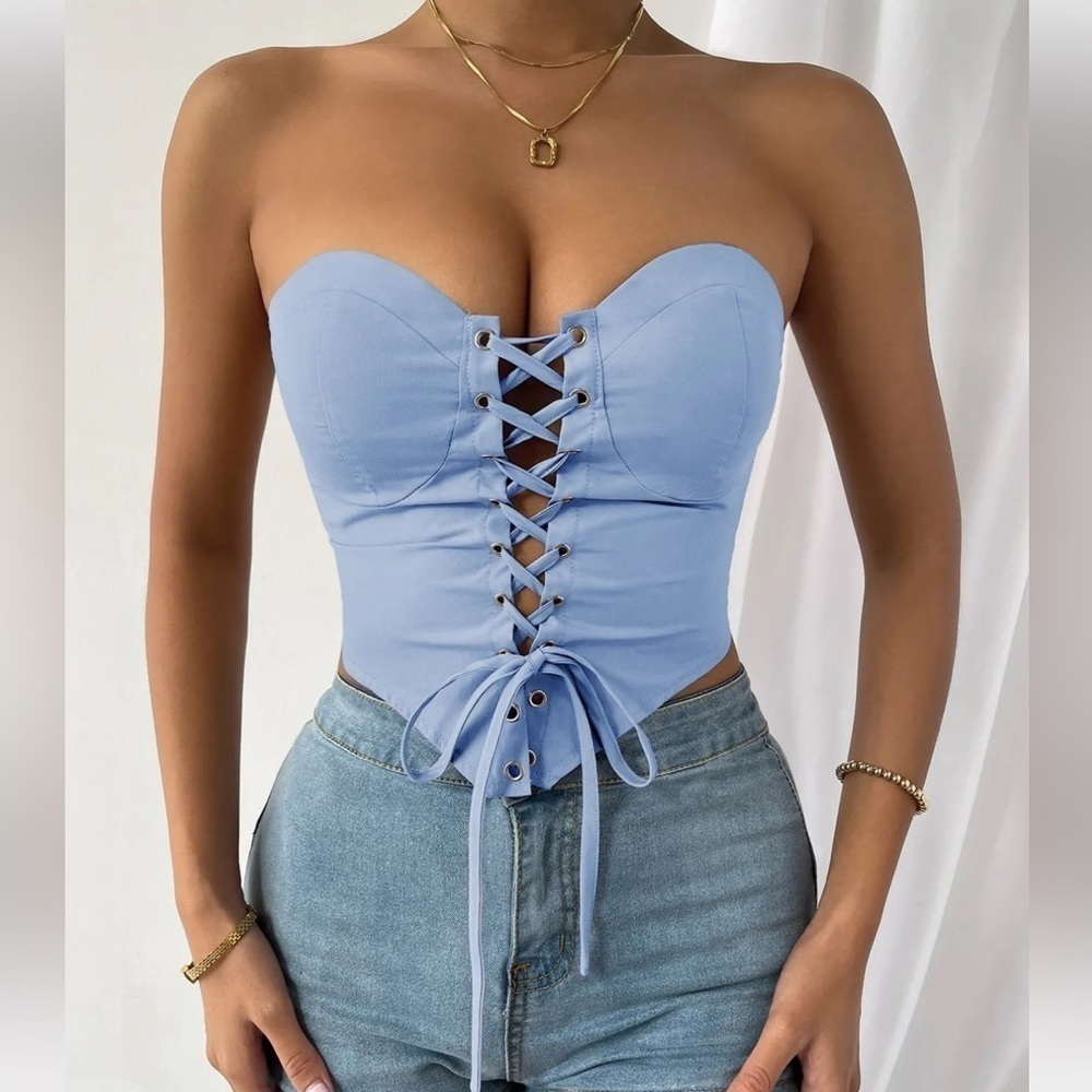 Y2k Solid Criss Cross Corset Top Light Blue - Gem